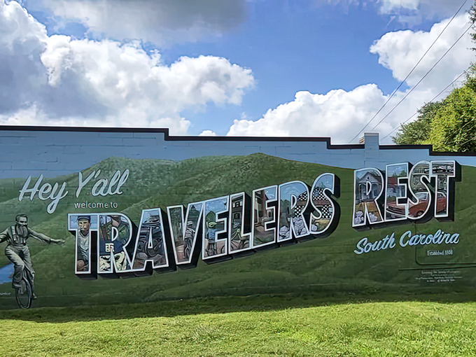 This vibrant mural doesn't just say "Welcome to Travelers Rest"&mdash;it practically sings it with all the enthusiasm of a Broadway opener.