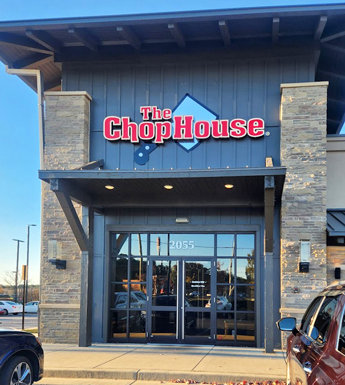 The Chop House welcomes you with its distinctive blue and red signage &ndash; a beacon of hope for the hungry traveler and local alike.