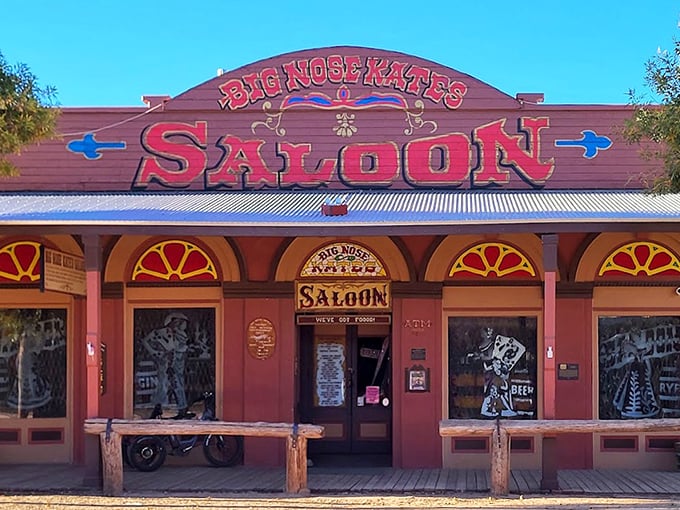 The exterior announces itself with all the subtlety of a frontier marshal. Those wooden benches aren't just for show&mdash;they're for resting your boots before the adventure begins.