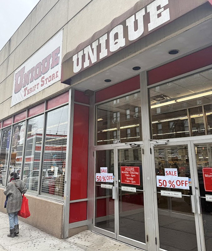 Winter at Unique Thrift Store - where 50% off signs beckon shoppers in from the cold for warm deals inside.