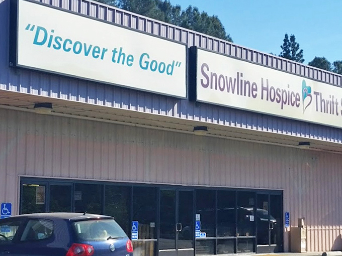 The exterior view with its clear branding reminds shoppers that every purchase supports hospice care while giving items a second life.