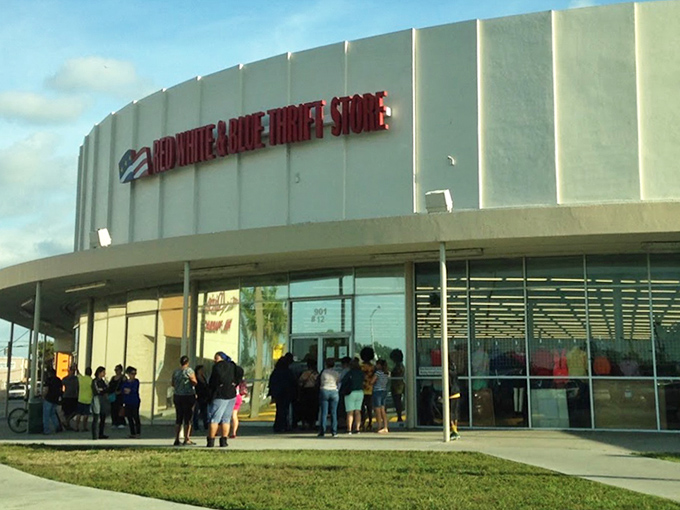 The store's entrance often sees a line of eager treasure hunters, proving that in the world of thrifting, the early bird catches the vintage worm.