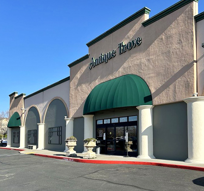 The welcoming entrance to Antique Trove stands ready to transport visitors into a world where the past isn't just remembered – it's beautifully displayed and available for purchase.