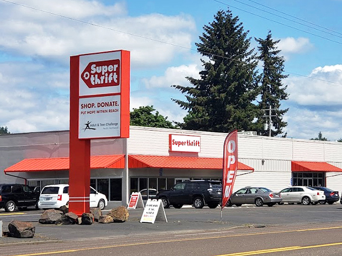 The SuperThrift exterior stands proud against Oregon skies, its red-trimmed building housing thousands of possibilities within.