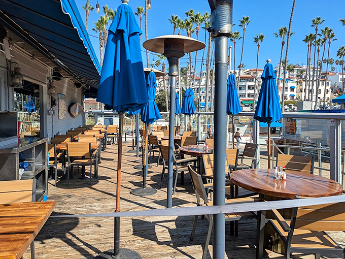 The outdoor patio&mdash;where umbrellas stand guard against the California sun and every table comes with a side of ocean breeze.