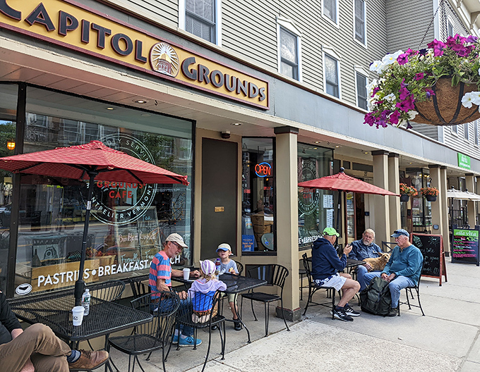 The ultimate Vermont power lunch: Where legislators, locals, and lucky visitors break bread under those cheerful red umbrellas, just steps from the golden dome.