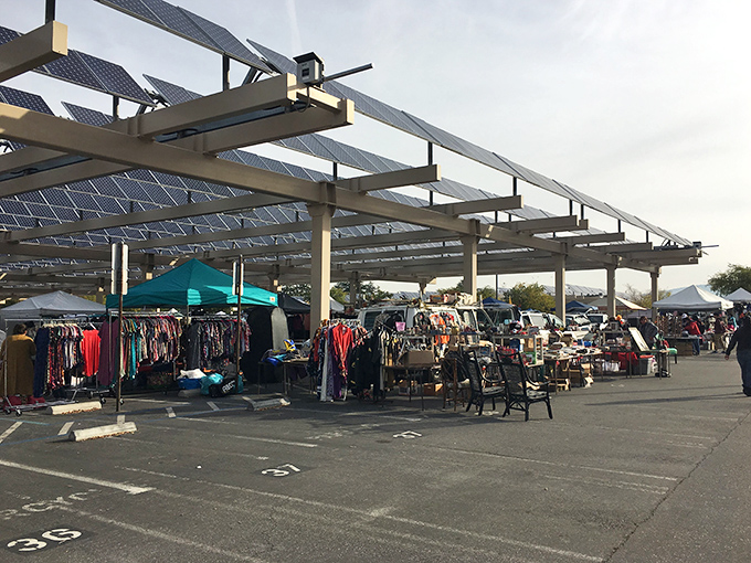 The flea market stretches toward the horizon under California's famous blue skies, a monthly ritual of commerce, community, and unexpected discoveries.