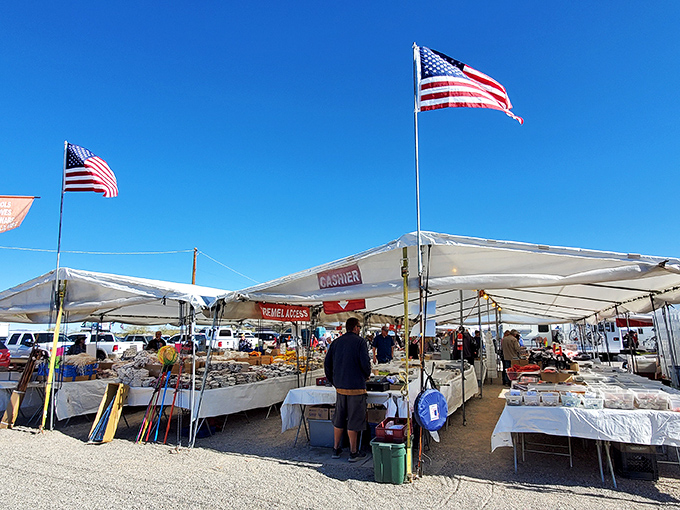 America flies proudly over tables of trinkets and treasures. The quintessential flea market scene that makes weekend warriors of us all.