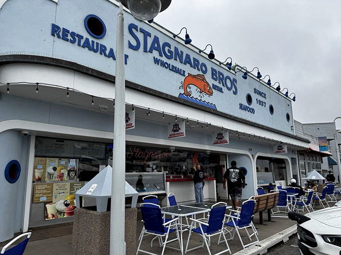 The outdoor patio offers front-row seats to wharf life, where blue chairs invite you to settle in for people-watching between bites of chowder.