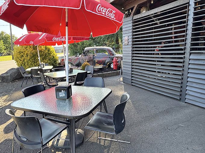 The outdoor seating area proves that sometimes the best dining rooms have no walls&mdash;just umbrellas, fresh air, and burger anticipation.