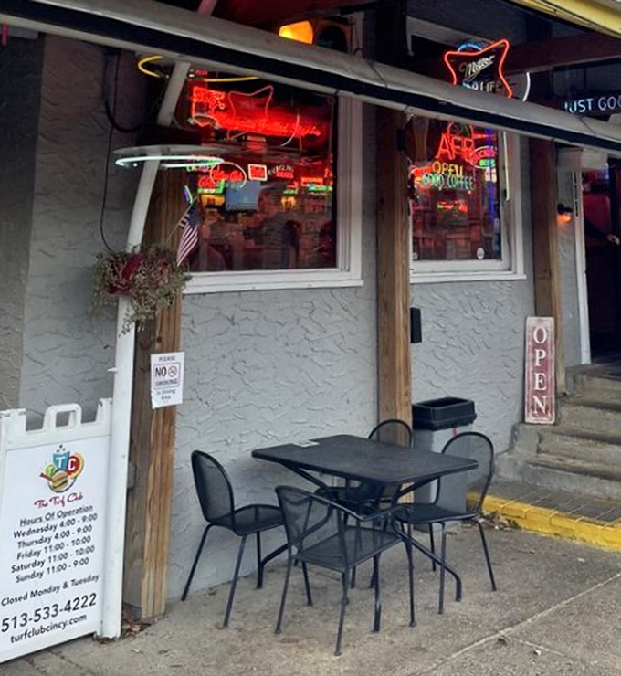 Even the outdoor seating area carries The Turf Club's personality, offering a front-row seat to Cincinnati life with your feast.