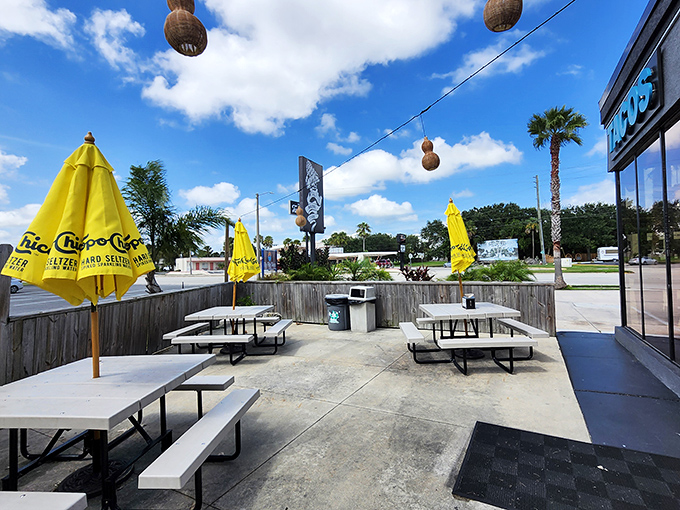 The outdoor seating area&mdash;where Florida sunshine, gentle breezes, and taco-induced happiness create the perfect afternoon trifecta.