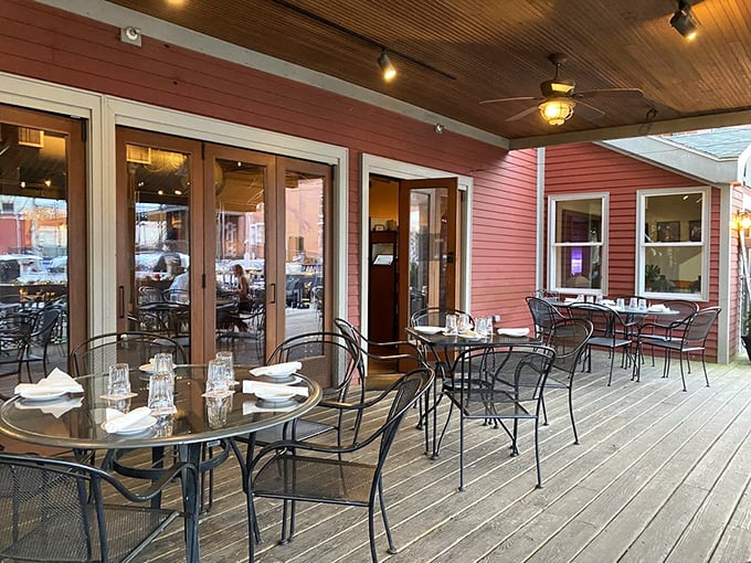 The outdoor seating area doesn't just offer fresh air&mdash;it offers front-row tickets to Portland's working waterfront theater.