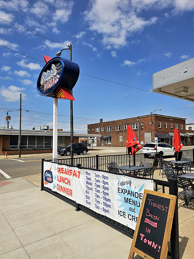 Street view showing Chloe's commanding its corner like a delicious fortress of breakfast, lunch, and dinner dreams.