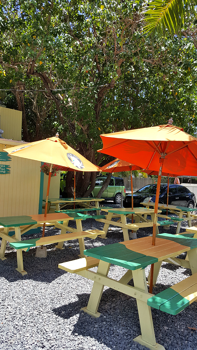 The outdoor seating area—where picnic tables, umbrellas, and Florida sunshine combine to create the perfect backdrop for food-induced happiness.