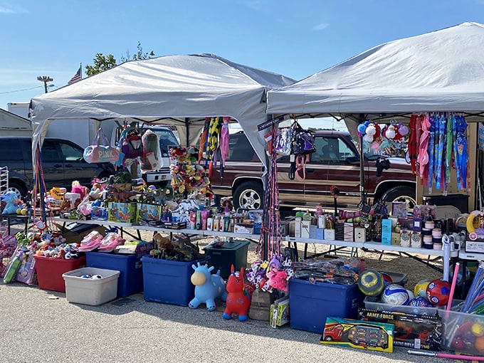 Under blue skies and white tents, vendors create temporary neighborhoods of commerce where yesterday's toys become tomorrow's treasures.