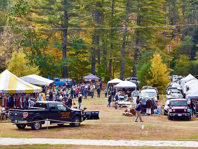 Autumn's palette provides the perfect backdrop for this bustling marketplace, where Vermont's natural beauty competes with the colorful array of treasures below.