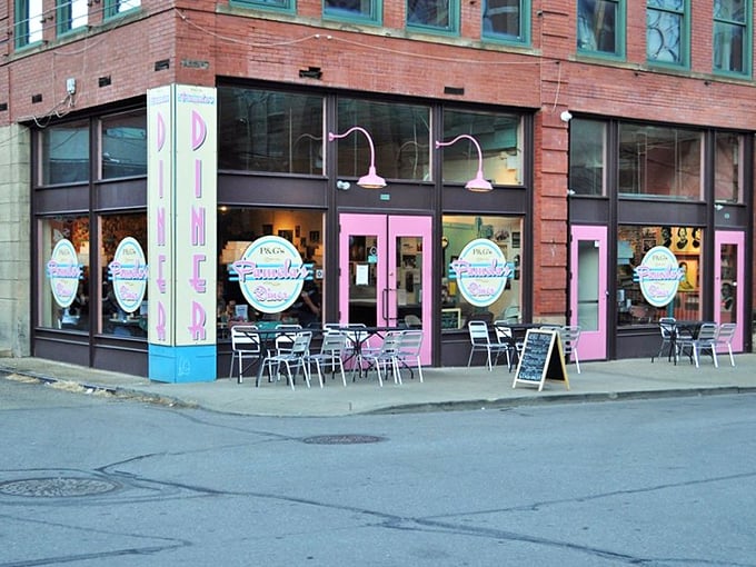 The corner location sports those signature pink doors &ndash; like portals to pancake nirvana. Even from the street, you can almost smell the coffee brewing.