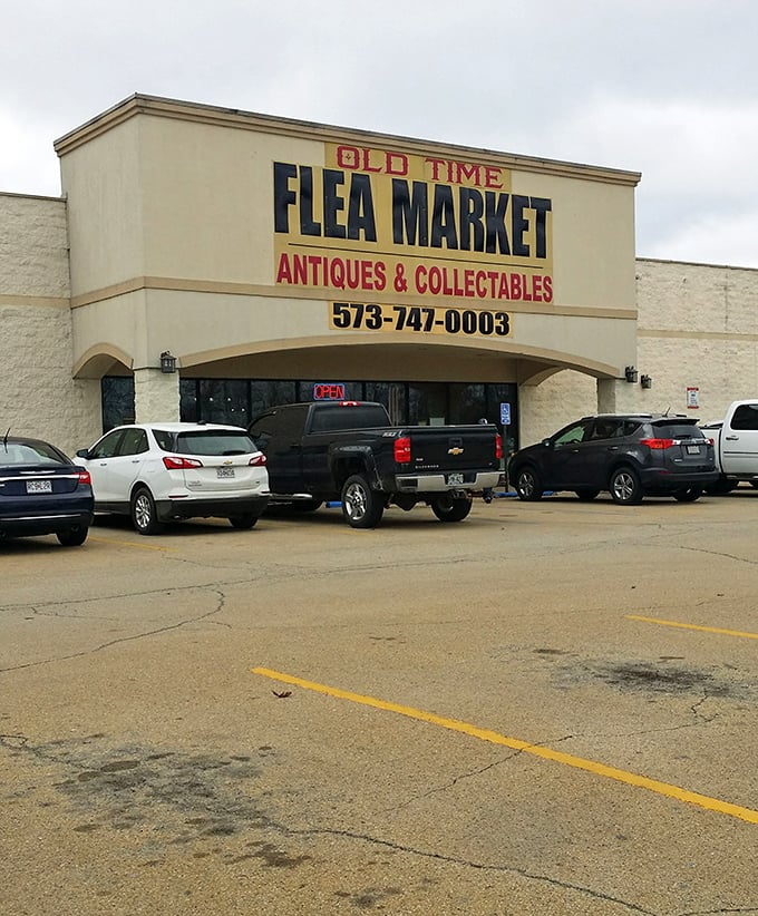 On cloudy days, the market's sign stands as a beacon for bargain hunters and collectors alike.
