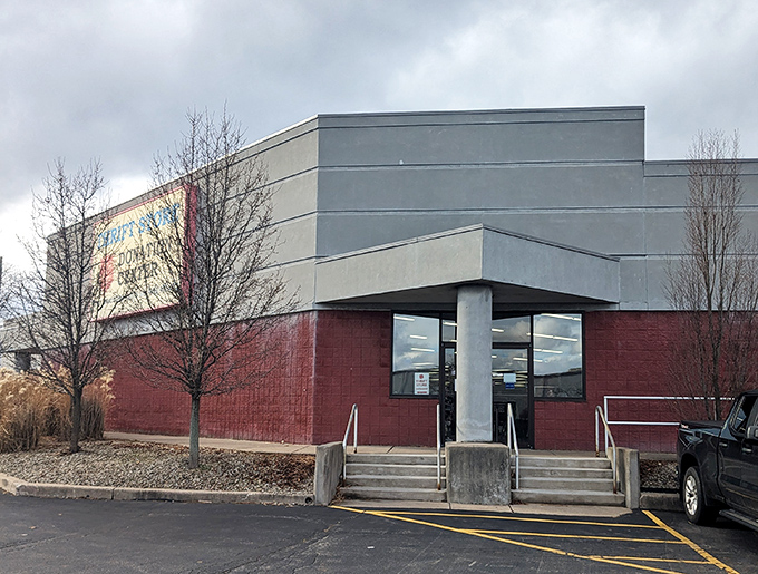 The exterior view on a cloudy day. Like a treasure chest waiting to be opened, ordinary on the outside, extraordinary within.