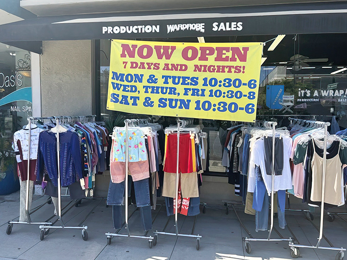 Sidewalk racks serve as appetizers for the feast of finds waiting inside, with colorful garments catching the California sunshine and shoppers' eyes.