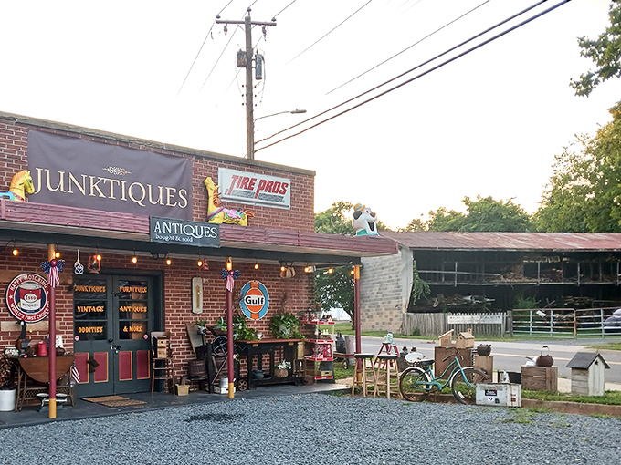 The exterior view showcases Junktiques' sprawling personality, with merchandise spilling outdoors like it just couldn't contain itself any longer.