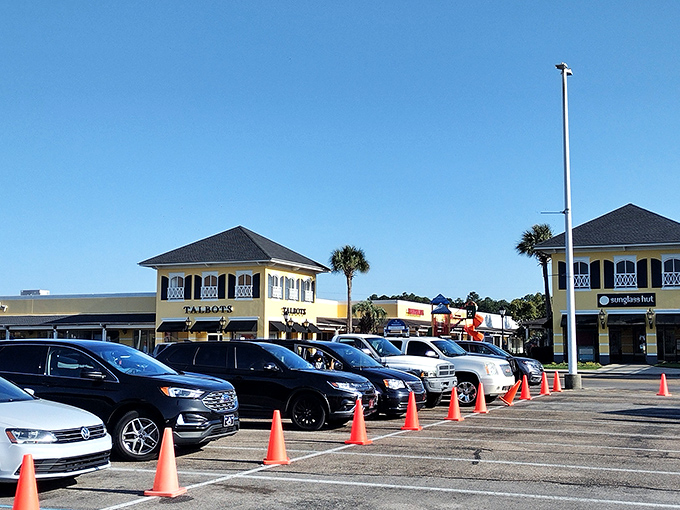 The parking lot on a perfect blue-sky day&mdash;a promising start to any shopping adventure. Those orange cones are practically saying "bargains this way!"