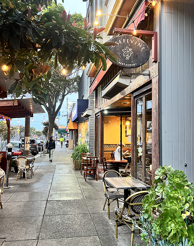 The covered patio offers a front-row seat to city life with the added bonus of protection from Karl the Fog's surprise appearances.