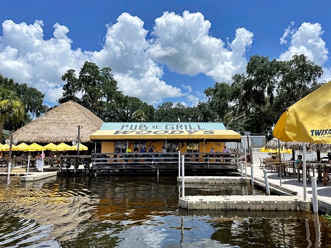 From the water, Woody's looks like a postcard come to life&mdash;a yellow building with a thatched roof that practically whispers, "Your office can't find you here."