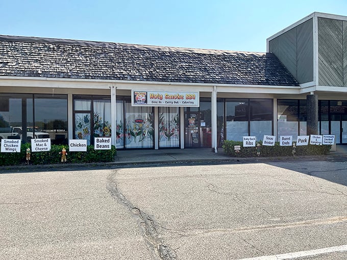 Signs outside advertise the smoky specialties waiting inside – a roadside beacon for those with a sixth sense for detecting exceptional barbecue.