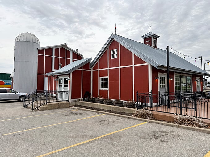 From this angle, the red barn structure looks like what heaven might design if heaven were really into exceptional barbecue.