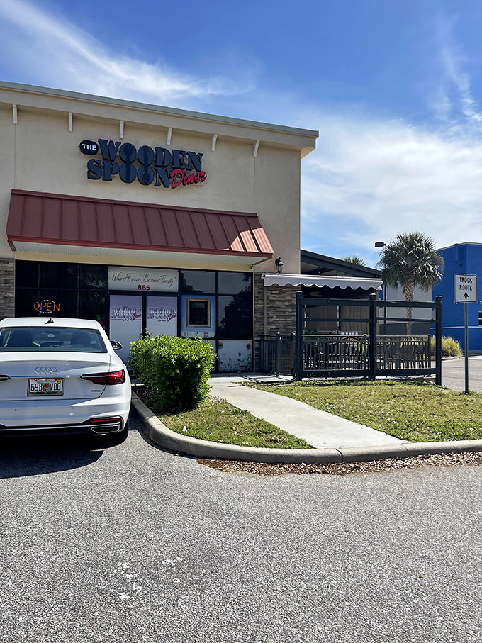 The Wooden Spoon stands ready for breakfast emergencies with its red awning signaling "comfort food ahead" to hungry Brandon residents.