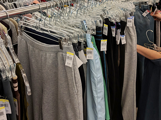 The pants section: where $12.50 might reunite you with designer labels that once commanded ten times that price.