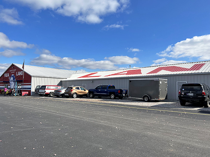 Even the parking lot stretches forever, promising adventure for those brave enough to explore every corner inside.