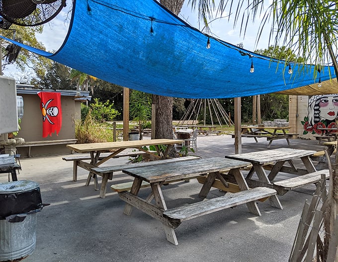 Shaded outdoor seating for when Florida weather cooperates, which is approximately three months per year, but totally worth it.