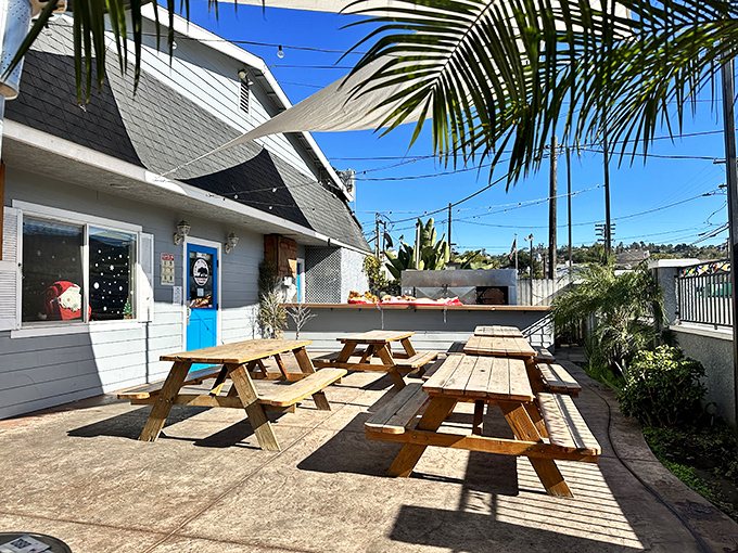 The outdoor patio &ndash; where the palm trees remind you you're in California, but the barbecue transports you straight to Texas.