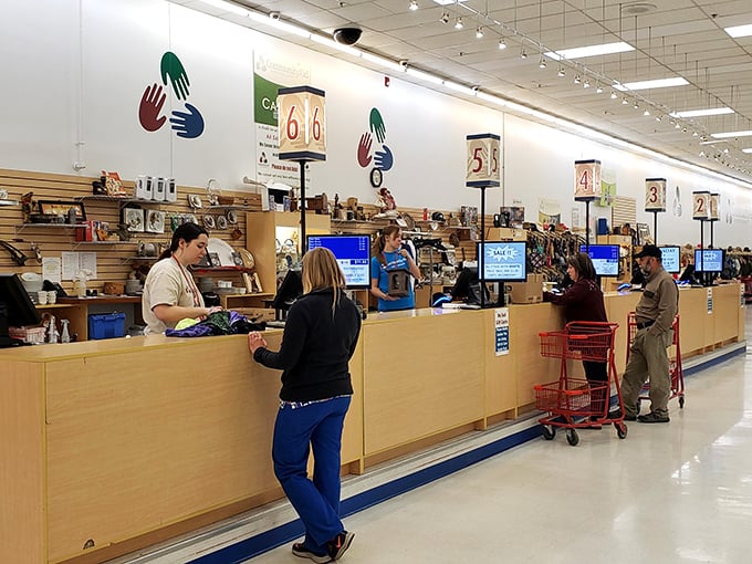 The payment area welcomes triumphant shoppers who conquered the aisles and lived to tell about their incredible bargain-hunting success stories.