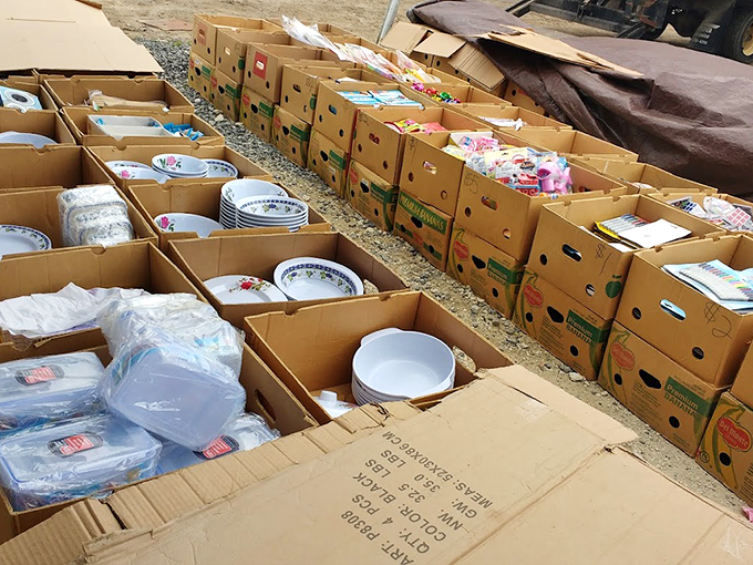 Dish-covery zone! These boxed plates and bowls wait patiently to be rescued from cardboard purgatory and promoted to family dinner status.