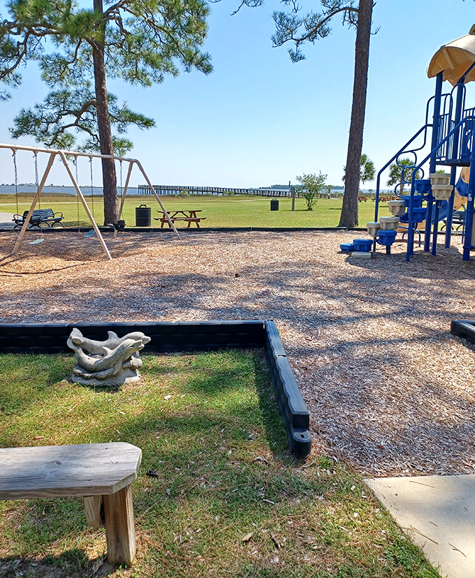Playground with Gulf views? The kids might visit more often when paradise comes with swings and waterfront picnic tables.