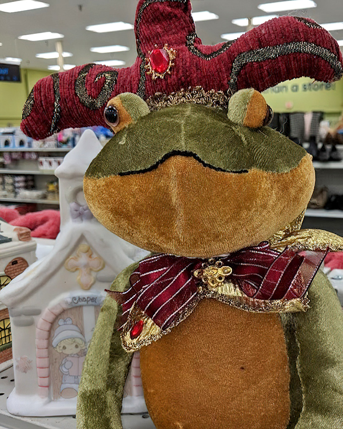 This regal frog prince, complete with crown and bow tie, waits to be rescued from retail purgatory.
