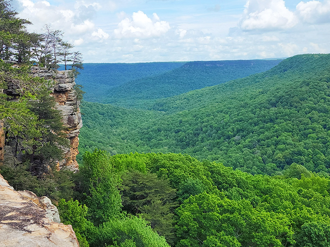 The ultimate screen saver comes to life: layers of blue-green mountains stretching to infinity from this breathtaking overlook.