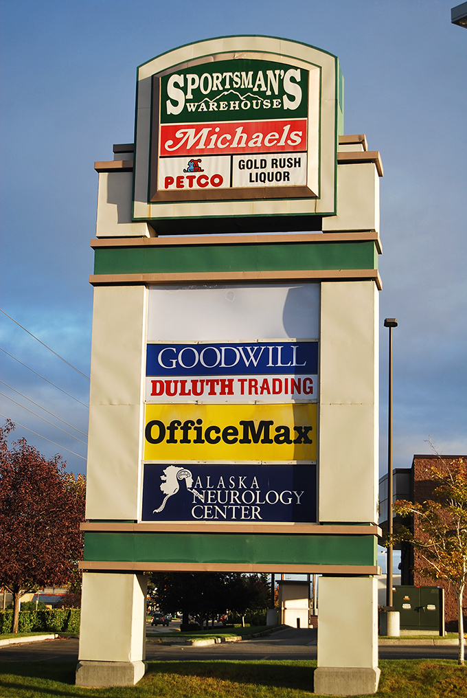 Nestled among Sportsman's Warehouse and Duluth Trading, Goodwill holds its own in this shopping plaza. The sign promises adventure of the wallet-friendly variety.