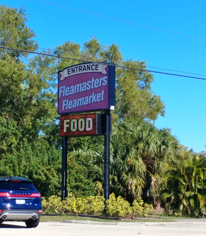 The iconic sign beckons like a lighthouse for bargain hunters. That "FOOD" promise below is equally important after hours of shopping.