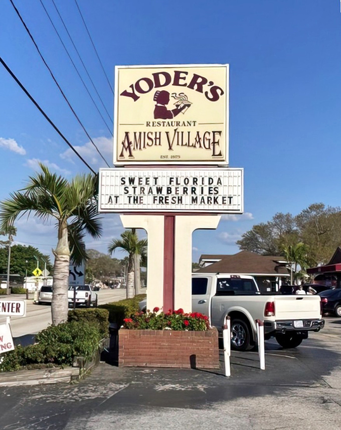 Where palm trees meet Amish tradition: this iconic sign has guided hungry travelers to pie paradise for decades.