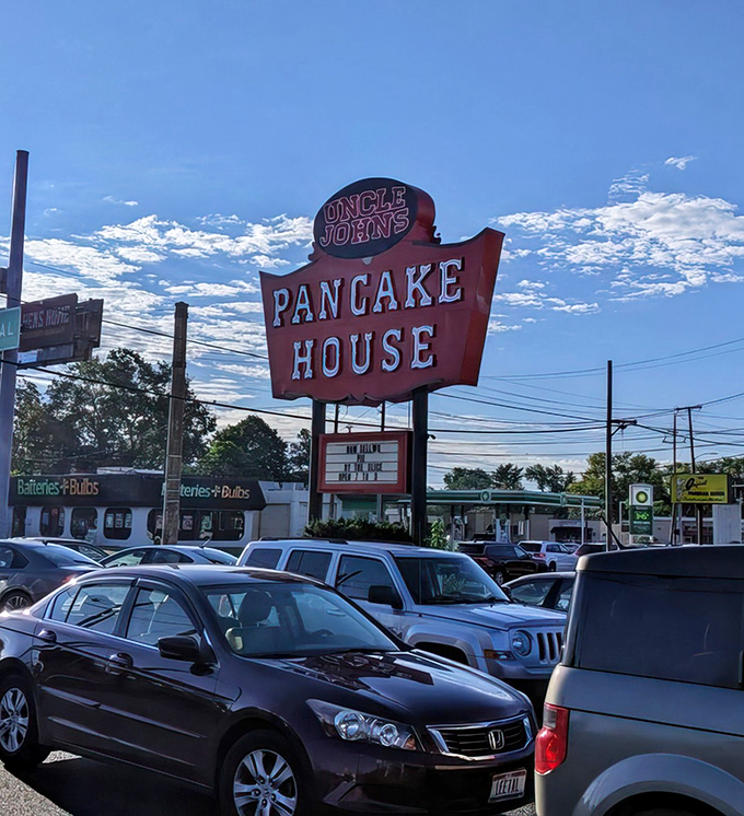That retro sign against the blue sky promises pancake perfection with the confidence of someone who's been flipping flapjacks for generations.