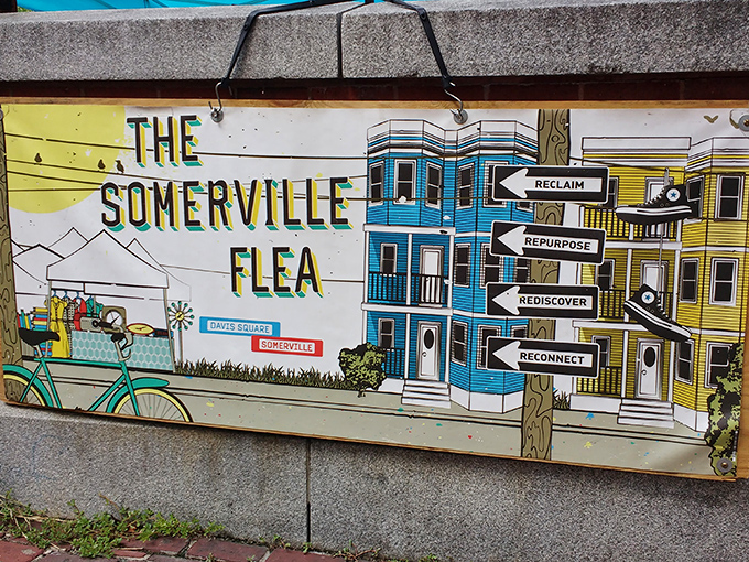 The Somerville Flea's mission statement in visual form: Reclaim, Repurpose, Rediscover, Reconnect&mdash;four perfect verbs for Sunday afternoon adventures.
