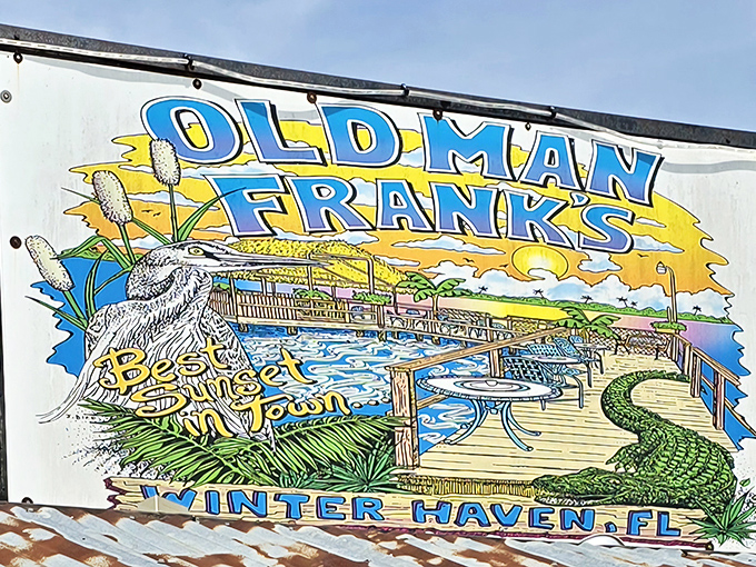 The colorful sign promises exactly what awaits inside: the "Best Sunset in Town" and seafood worth crossing county lines to experience.