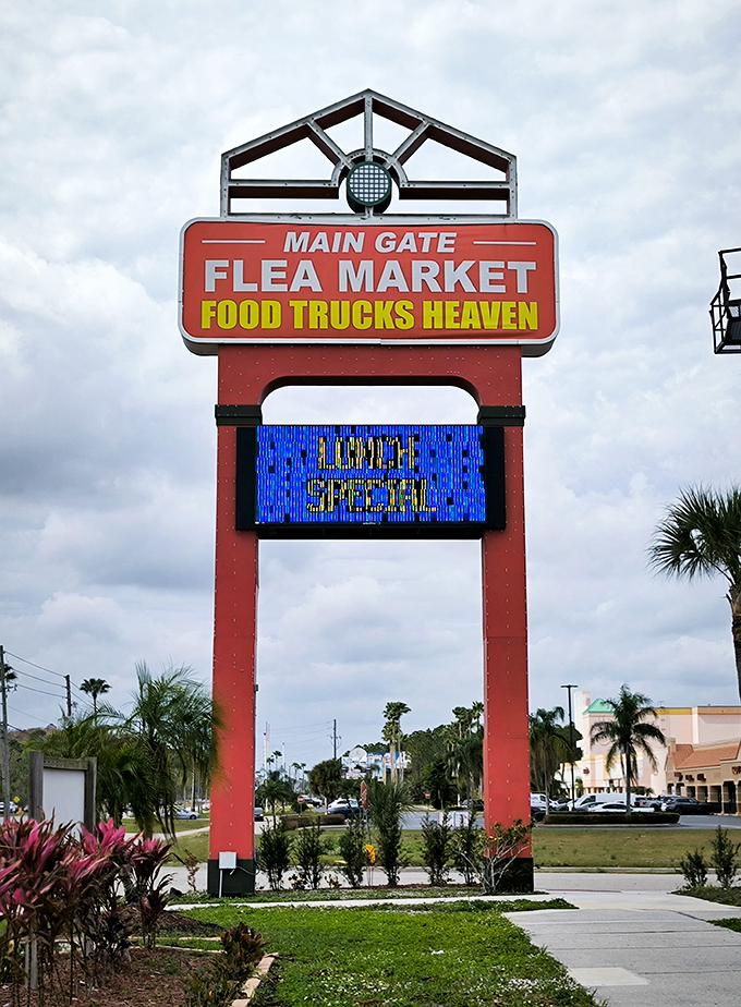 The "Food Trucks Heaven" sign promises culinary adventures to refuel shoppers after marathon bargain-hunting sessions.