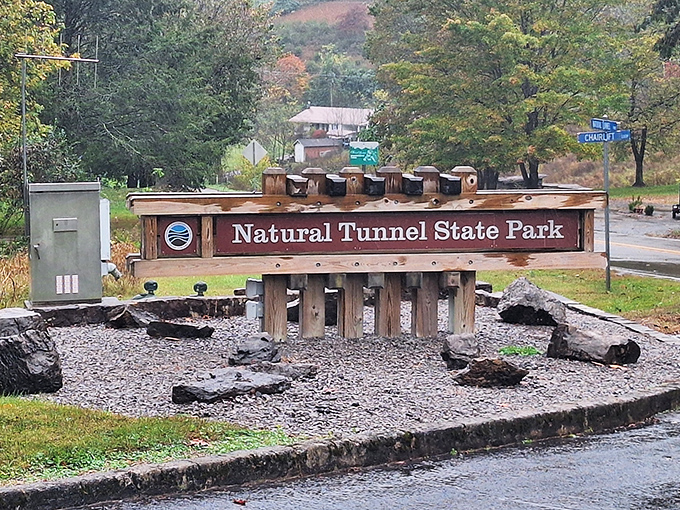 The park entrance sign welcomes visitors with rustic charm. First impressions matter, even when you're a geological wonder. 
