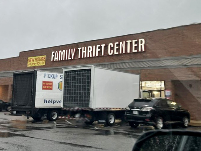 Even on rainy days, the Family Thrift Center sign shines like a beacon for bargain hunters. Where there's a delivery truck, there's the promise of fresh inventory.
